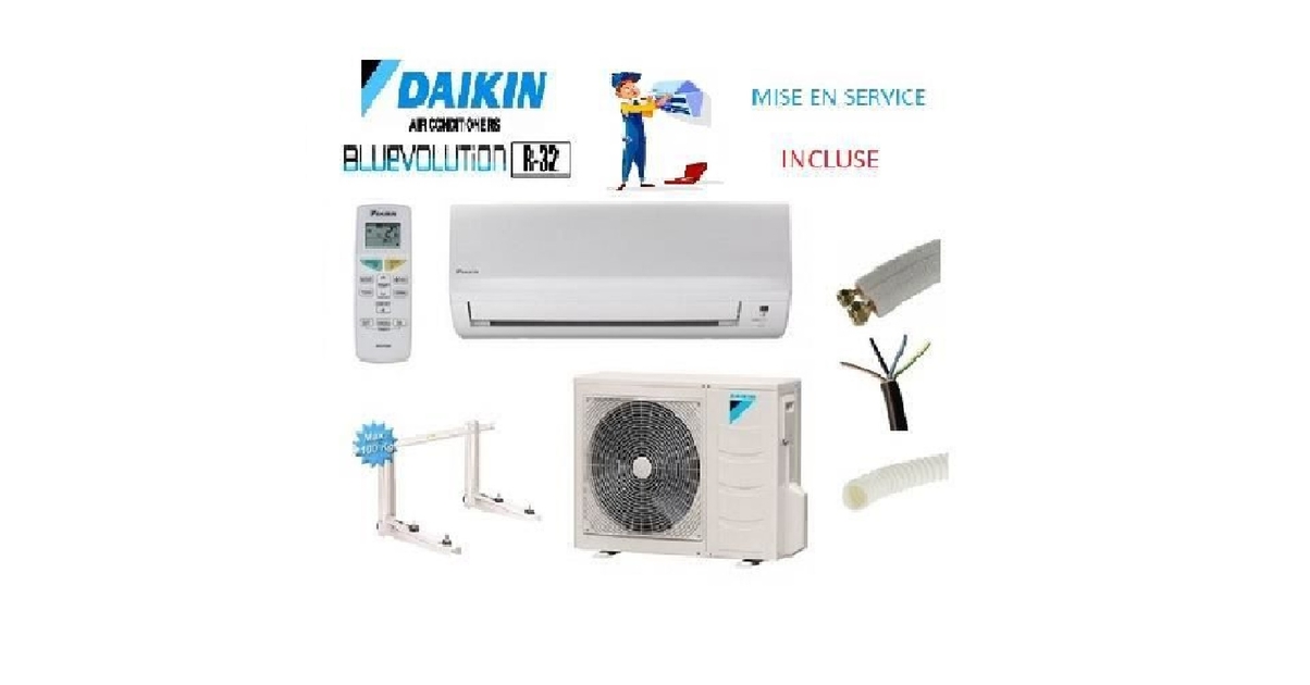 PRET A POSER CLIMATISATION DAIKIN 2000W R32 REVERSIBLE FTXF20B + KIT DE POSE 5 METRES + SUPPORT ...